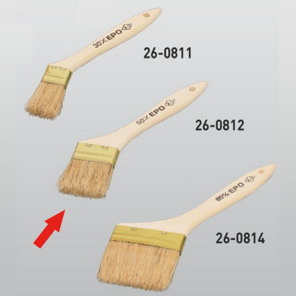 防水材、ウレタン樹脂の塗布に適しています。 コシが良く材料を均一に塗布できます。 長い毛と短い毛をミックスし、材料をよく含み効率のよい作業が行えます。 サイズ：幅約50mm 毛材：豚毛 毛長：45mm