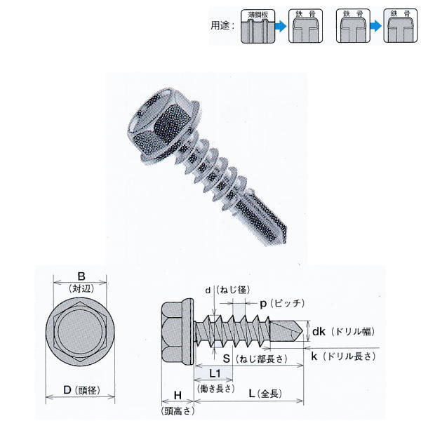 用途：薄鋼板⇒鉄骨　鉄骨⇒鉄骨 サイズ：6mm×60mm L：60mm D：13mm H：6.5mm B：9.5mm d：6mm p：1.8mm k：8mm dk：5.4mm S：全ねじ L1：45mm 適用板厚：6mmまで