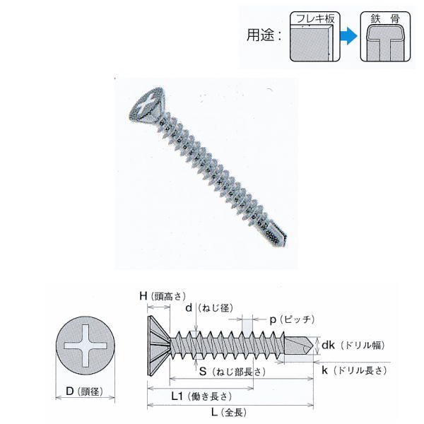 用途：フレキ板⇒鉄骨 サイズ：3.8mm×19mm L：19mm D：7mm H：2.5mm d：3.8mm p：1.3mm k：4.5mm dk：3.1mm S：全ねじ L1：11mm 適用板厚：2.3mmまで