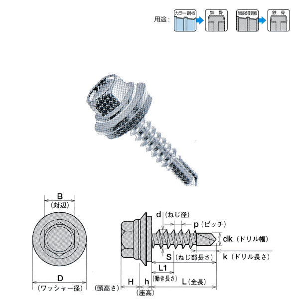 用途：カラー鋼板⇒鉄骨　耐酸被覆鋼板⇒鉄骨 サイズ：6mm×45mm L：41.5mm D：16mm H：6.3mm B：9.5mm d：6mm h：3.5mm p：1.8mm k：8mm dk：5.4mm S：全ねじ L1：28mm 適用...