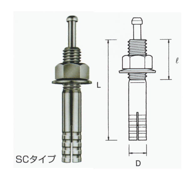 コンクリート用 ステンレス製/本体　SUS304系 ねじの呼び外径（D）：M10 全長（L）：80mm ねじ長さ（l）：25mm 取付物厚：1〜26mm ドリル径：10.5mm 埋込深さ：40mm●お取り寄せのため欠品の際は納期がかかります...