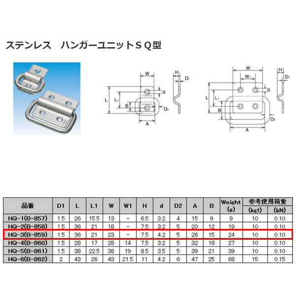 ●HQ-1、HQ-2、HQ-3は2ヶ穴です。 ●ステンレス皿木ネジ付き。 【 ご注意 】 ※表記寸法には多少の公差があります。ご了承下さい。 ※使用荷重は参考値ですので、使用状況・環境によって変動します。また、試験データーがご入用の際は、別...