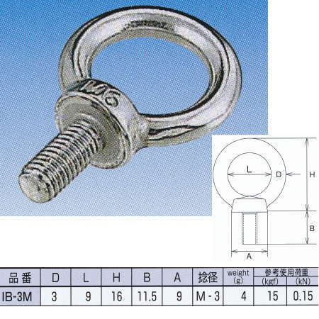 材質 ステンレスSUS304関連商品 ●水本機械 アイボルト ステンレス SUS304 IB-2M ミリネジ NO.896 ●水本機械 アイボルト ステンレス SUS304 IB-3M ミリネジ NO.897 ●水本機械 アイボルト ステン...