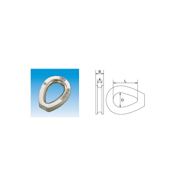 仕様 ●D(mm)：10 ●L(mm)：19 ●A(mm)：3.5 ●B(mm)：6 ●使用ロープ径(mm)：3 ●weight(g)：16 材質 　ステンレスSUS304関連商品 ●水本機械 シンブル 5mm KS-2 ●水本機械 シンブ...