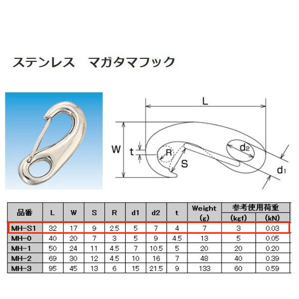 材質 ステンレスSUS304関連商品 ●水本機械 マガタマフック ステンレス金具 MH-S1 ●水本機械 マガタマフック ステンレス金具 MH-0 ●水本機械 マガタマフック ステンレス金具 MH-1 ●水本機械 マガタマフック ステンレス...