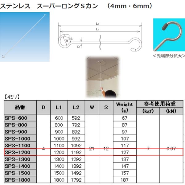 【材質】本体:ステンレスSUS304　キャップ:PVC ・全長0．6m〜1．8mの非常に長いSフック。 ・高さのある場所に物を吊るす時に便利です。 ・店舗の閉店時の防犯用ネットの吊り金具に最適です。 【 ご注意 】 ※表記寸法には多少の公差...