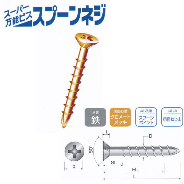 特長 　硬質木質建材、樹脂等と幅広い木下地への締結 サイズ：3.8mm×28mm D：3.8mm L：28mm EL：18mm SL：7mm ねじピッチ：2.82mm（9山） d：8.0mm t：3.8mm 十字穴：NO.2 使用相手材：M...