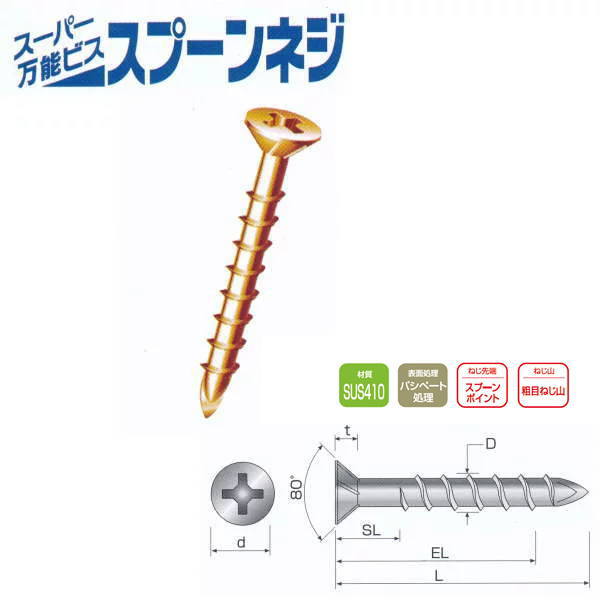 特長 　硬質木質建材、樹脂等と幅広い木下地への締結 サイズ：3.8mm×41mm D：3.8mm L：41mm EL：31mm SL：9mm ねじピッチ：2.82mm（9山） d：7.0mm t：3.8mm 十字穴：NO.2 使用相手材：M...
