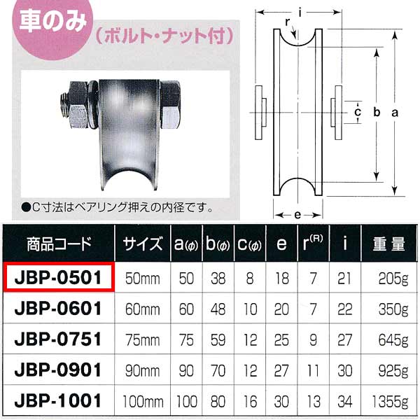 特長 　高級機械用ベアリングを使用していますので耐久性に優れています。 用途：門扉、工場、出入口用扉、各種倉庫など 付属品：ボルト、ナット 車輪径(Φmm)：50 質量(g)：205 タイプ：溝R車型 寸法e(mm)：18 寸法b(Φmm)...