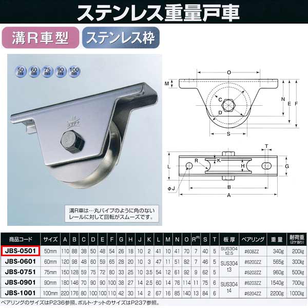 特長 　高級機械用ベアリングを使用していますので耐久性に優れています。 用途：各種門扉・重量扉 仕様：溝R車・ステンレス枠 (枠・芯棒：SUS304、車：SUS303) 寸法L(mm)：41 寸法H(mm)：18 寸法A(mm)：110 ベ...