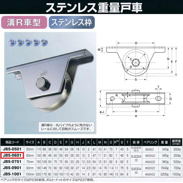 特長 　高級機械用ベアリングを使用していますので耐久性に優れています。 用途：各種門扉・重量扉 仕様：溝R車・ステンレス枠 (枠・芯棒：SUS304、車：SUS303) 寸法L(mm)：47 寸法H(mm)：20 寸法A(mm)：120 ベ...