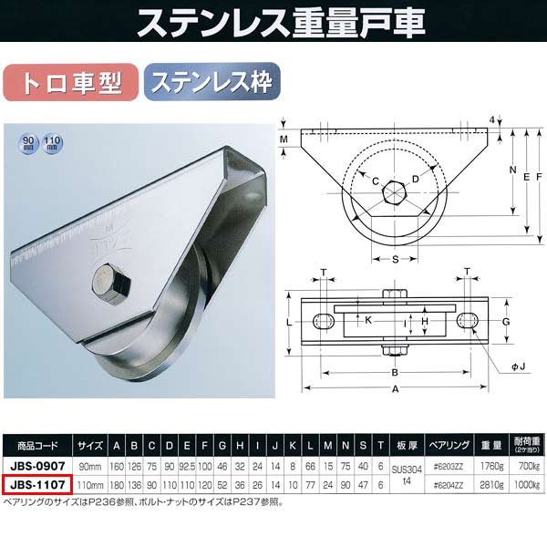 特長 　高級機械用ベアリングを使用していますので耐久性に優れています。 用途：各種門扉・重量扉 仕様：トロ車型・ステンレス枠(枠・芯棒：SUS304、車：SUS303) 質量(g)：2810 寸法L(mm)：77 寸法H(mm)：36 寸法...