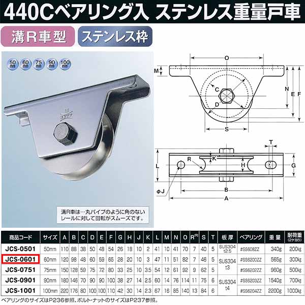 特長 　高級機械用ベアリングを使用していますので耐久力に優れています。 　440Cベアリング入なので丈夫でサビにくい。 　溝R車は丸パイプのように角のないレールに対して回転がスムーズで軽くご使用になれます。 用途 　門扉・工場・出入口用扉・...