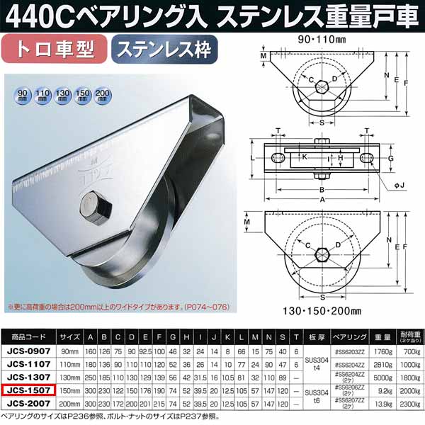 特長 　高級機械用ベアリングを使用していますので耐久性に優れています。 　440Cベアリング入なので丈夫でサビにくい。 用途：門扉・工場・出入口用扉・各種倉庫・各種門扉・重量扉など 仕様：ボルト・ナット付 質量(kg)：9.2 タイプ：トロ...