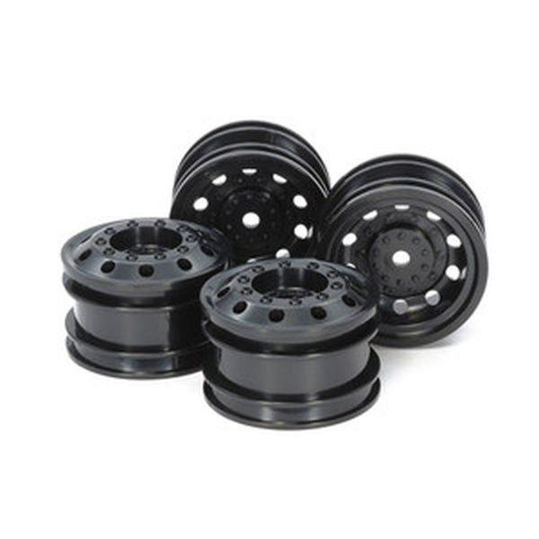 オンロードレーシングトラック用のホイール　前後各2本ずつの1台分をセット　前後とも径：42mm、幅：25mm　 ディスク面のボルト形状も再現した、オンロードレーシングトラック用のホイールです。実車でよく見られるブラックカラー。フロント・リヤ...