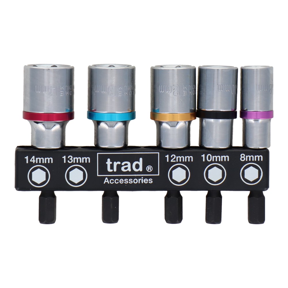 trad 5pcs.ショートソケットセット TDS-5は、作業や整備、DIYに使用できる製品です。 ■特長 〇色とサイズ表示でサイズの見分けが簡単 〇18Vインパクト対応 〇保管に便利なホルダー付 ■用途 〇ボルト・ナットの締め付けに ■セ...