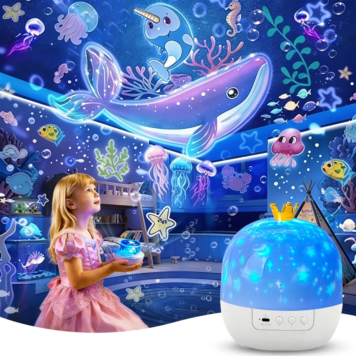 【プラネタリウム＆ナイトライト2WAY使用】可愛らしいクラウン型のデザインが特徴的な家庭用プラネタリウムです。カバーを外せば天井や壁に美しい星空を投影し、本格的なプラネタリウム体験を楽しめます。カバーを付けたままなら優しい光のナイトライトと...