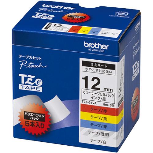 型番:TZe-31VAJANコード:4977766702065●ブラザー純正　ピータッチ専用ラミネートテープ●テープ幅：12mm● テープ色：白1本/黄1本/赤1本/青1本/透明1本●文字色：黒●テープ長さ：各5m●5本パック
