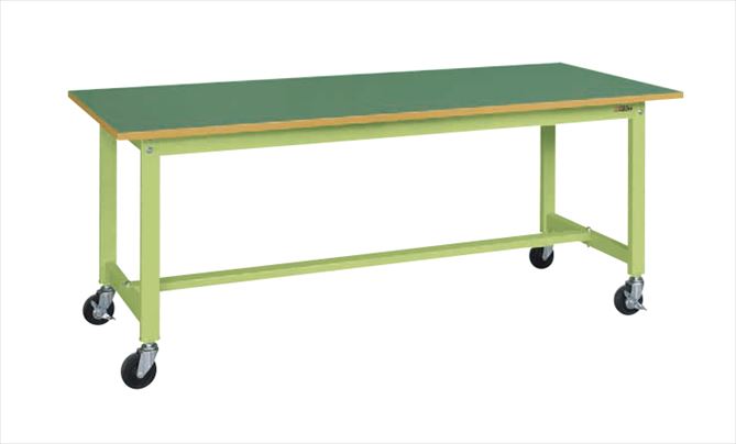 ●外寸：W1800×D600×H740mm●均等耐荷重：200kg●質量：30kg●カラー：グリーン●天板種類：サカエリューム天板●天板カラー：グリーン●天板厚：21mm●キャスター：100φゴム車●直進安定金具を標準装備●座り作業用