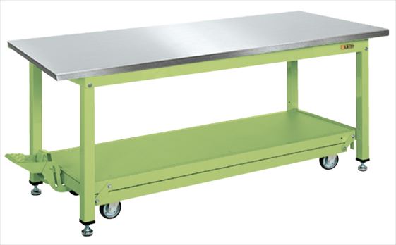 ●外寸：W1200×D750×H740mm●均等耐荷重：1200kg（移動／昇降時は250kg）●質量：58kg●カラー：グリーン（脚部）●天板サイズ：W1200×D750mm●天板種類：ステンレスカブセ天板（表面材質=SUS430、芯材=...