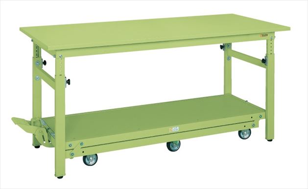 ●外寸：W1800×D750×H740〜1040mm●カラー：サカエグリーン●均等耐荷重：300kg●均等耐荷重（移動時・昇降時）：250kg●質量：77kg●天板サイズ：1800×750×25mm●天板種類：スチール天板●天板カラー：グリ...