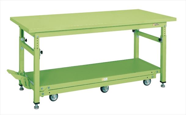 ●外寸：W1800×D800×H740〜1040mm●カラー：サカエグリーン●均等耐荷重：500kg●均等耐荷重（移動時・昇降時）：250kg●質量：121kg●天板サイズ：1800×800×38mm●天板種類：スチール天板●天板カラー：グ...