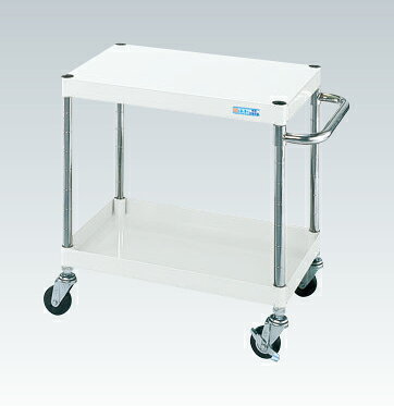 ●外寸：W600×D400×H600mm●均等耐荷重：100kg●本体色：パールホワイト●質量：10kg●キャスター：75φゴム車●段数：2●支柱：クロムメッキ25.4φ、棚板調整ピッチ50mm●改正RoHS10物質対応