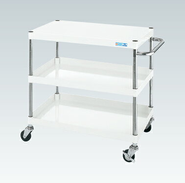 ●外寸：W750×D500×H740mm●均等耐荷重：150kg●本体色：パールホワイト●質量：20kg●キャスター：75φゴム車●段数：3●支柱：クロムメッキ25.4φ、棚板調整ピッチ50mm●改正RoHS10物質対応