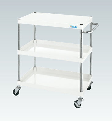 ●外寸：W750×D500×H880mm●均等耐荷重：150kg●本体色：アイボリー●質量：20kg●キャスター：75φナイロンウレタン車●段数：3●支柱：クロムメッキ25.4φ、棚板調整ピッチ50mm●改正RoHS10物質対応
