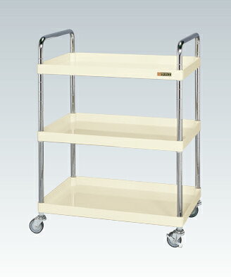 ●外寸：W600×D400×H1025mm●均等耐荷重：150kg●本体色：アイボリー●質量：14kg●キャスター：75φナイロンウレタン車●段数：3●支柱：クロムメッキ25.4φ、棚板調整ピッチ50mm●改正RoHS10物質対応