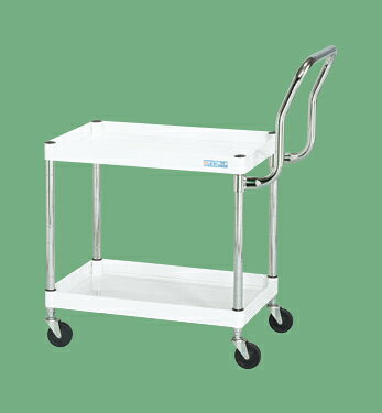 ●外寸：W600×D400×H600mm●全高：最大H860mm●均等耐荷重：100kg●本体色：パールホワイト●質量：10kg●キャスター：75φゴム車●段数：2●支柱：クロムメッキ25.4φ●改正RoHS10物質対応