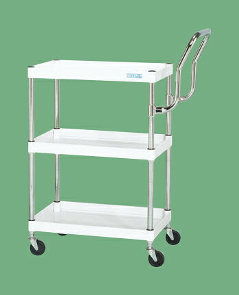 ●外寸：W600×D400×H880mm●全高：最大H1140mm●均等耐荷重：150kg●本体色：パールホワイト●質量：14kg●キャスター：75φゴム車●段数：3●支柱：クロムメッキ25.4φ、棚板調整ピッチ50mm●改正RoHS10物質対応