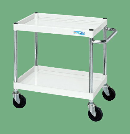 ●外寸：W750×D500×H600mm●均等耐荷重：150kg●本体色：グリーン●質量：15kg●キャスター：100φゴム車●段数：2●支柱：クロムメッキ25.4φ、棚板調整ピッチ50mm●改正RoHS10物質対応