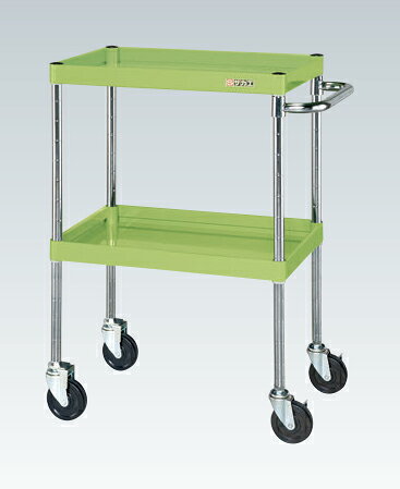 ●外寸：W750×D500×H880mm●均等耐荷重：100kg●本体色：グリーン●質量：16kg●キャスター：100φゴム車●段数：2●支柱：クロムメッキ25.4φ、棚板調整ピッチ50mm●セット内容（付属品）：直進安定金具2個付●改正R...
