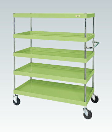 ●外寸：W1000×D650×H1500mm●均等耐荷重：150kg●本体色：グリーン●質量：49kg●キャスター：100φゴム車●段数：5●支柱：クロムメッキ25.4φ、棚板調整ピッチ50mm●セット内容（付属品）：直進安定金具2個付●改...