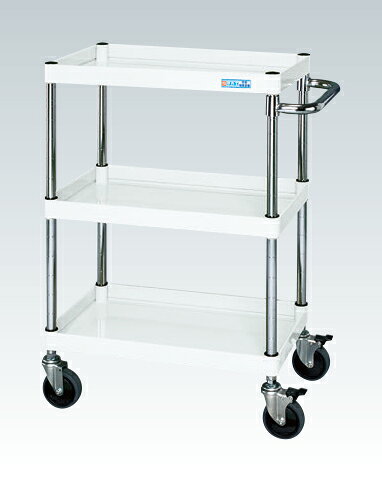 ●外寸：W750×D500×H606mm●均等耐荷重：150kg●本体色：パールホワイト●質量：15kg●キャスター：100φサイレントエラストマー車●段数：2●支柱：クロムメッキ25.4φ、棚板調整ピッチ50mm●改正RoHS10物質対応