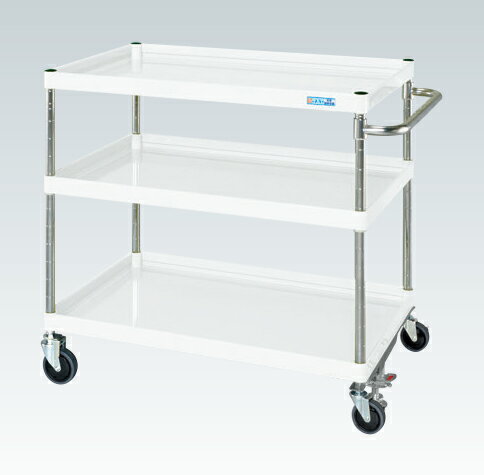 ●外寸：W600×D400×H880mm●均等耐荷重：150kg●本体色：パールホワイト●質量：16kg●キャスター：100φサイレントエラストマー車●段数：3●支柱：クロムメッキ25.4φ、棚板調整ピッチ50mm●改正RoHS10物質対応