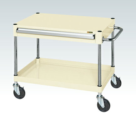 ●外寸：W600×D400×H600mm●均等耐荷重：140kg●本体色：アイボリー●質量：17kg●キャスター：100φゴム車●段数：2●支柱：クロムメッキ25.4φ●引出し：浅引出し(有効内寸法W478×D318×H64mm)1段●改正...