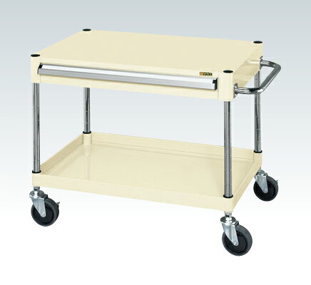 ●外寸：W600×D400×H600mm●均等耐荷重：140kg●本体色：アイボリー●質量：16kg●キャスター：100φサイレントエラストマー車●段数：2●支柱：クロムメッキ25.4φ●引出し：浅引出し(有効内寸法W478×D318×H6...
