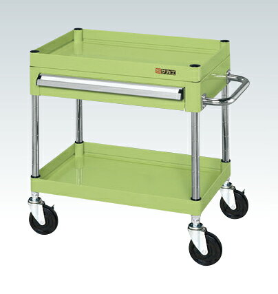 ●外寸：W600×D400×H600mm●均等耐荷重：130kg●本体色：グリーン●質量：19kg●キャスター：100φゴム車●段数：2●支柱：クロムメッキ25.4φ、棚板調整ピッチ50mm●引出し：浅引出し(有効内寸法W478×D318×...