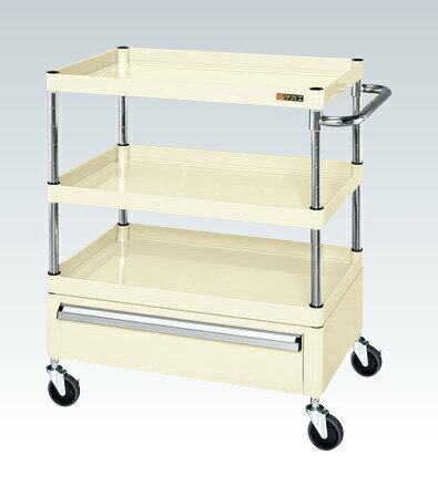 ●外寸：W600×D400×H740mm●均等耐荷重：130kg●本体色：アイボリー●質量：25kg●キャスター：100φサイレントエラストマー車●段数：3●支柱：クロムメッキ25.4φ、棚板調整ピッチ50mm●引出し：深引出し(有効内寸法...