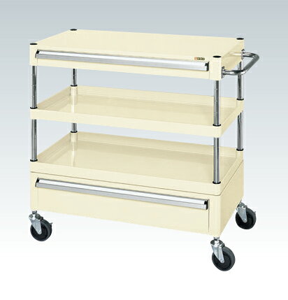 ●外寸：W600×D400×H880mm●均等耐荷重：120kg●本体色：アイボリー●質量：31kg●キャスター：100φサイレントエラストマー車●段数：3●支柱：クロムメッキ25.4φ、棚板調整ピッチ50mm●引出し：浅引出し(有効内寸法...