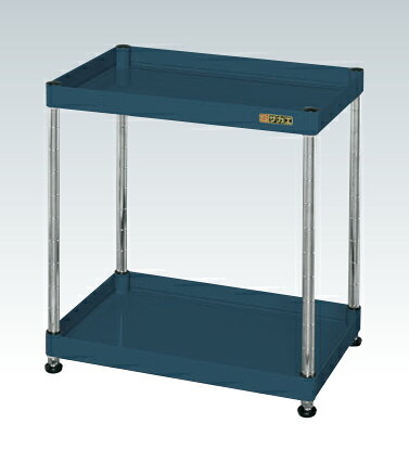 ●外寸：W600×D400×H630mm●均等耐荷重：150kg●本体色：ダークグレー●質量：8kg●アジャスター：樹脂製 ネジ径M12×1.75●段数：2●支柱：クロムメッキ25.4φ、棚板調整ピッチ50mm●改正RoHS10物質対応