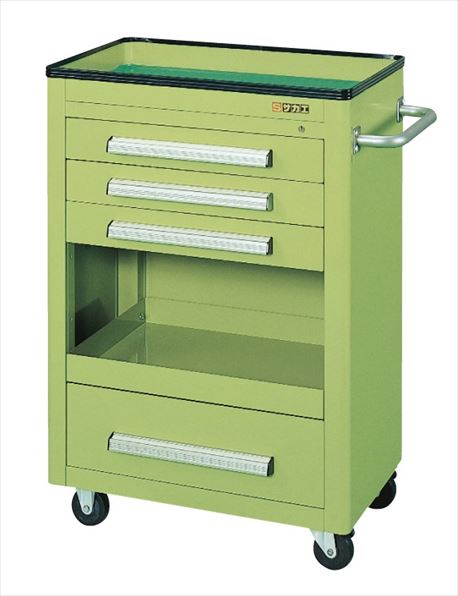 ●外寸：W600×D400×H880mm●カラー：サカエグリーン●均等耐荷重：200kg●質量：44kg●キャスター：75φゴム車●浅引出し3段のみカギ付●引出し内寸：浅引出し：W478×D319×H64mm、深引出し：W478×D319×...