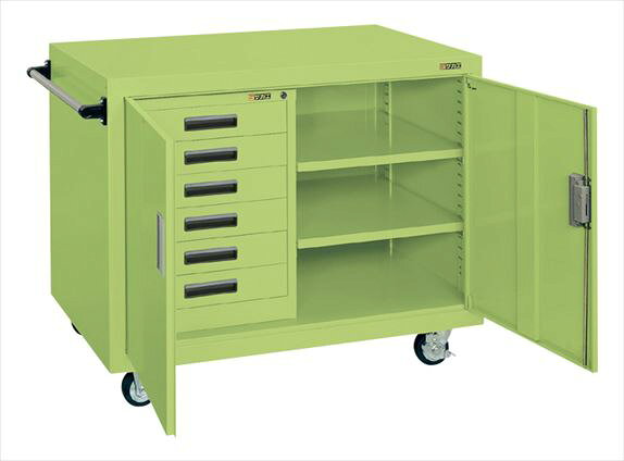 ●外寸：W1100×D650×H880mm●カラー：サカエグリーン●均等耐荷重：300kg●質量：92kg●キャスター：100φゴム車●引出し内寸：W419×D394×H78mm（仕切板：別途販売）●セット内容（付属品）：扉内棚板2枚付（3...