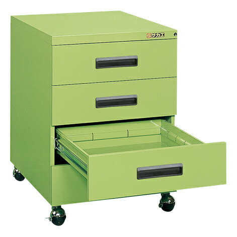 ●外寸：W455×D540×H634mm●質量：30kg●耐荷重：130kg●本体カラー：サカエグリーン●キャスター：50φボールゴム車●ボールスライドレール採用●引出し内寸：W372×D378×H102mm●セット内容（付属品）：浅引出し...