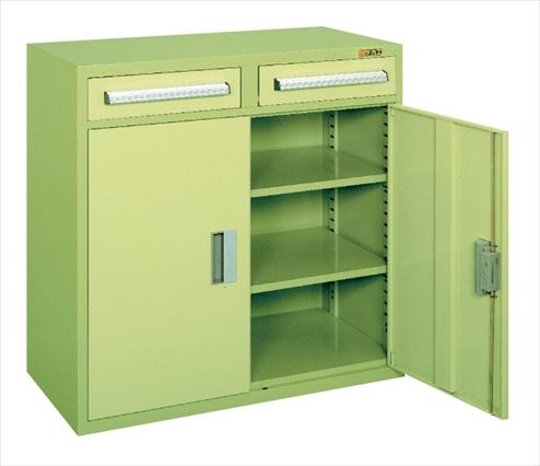 ●外寸：W900×D450×H880mm●カラー：サカエグリーン●質量：43kg●引出しには鍵は付いていません。●扉内寸法：W805×D425×H660mm●セット内容（付属品）：棚板：2枚付（30mm調整可能）KU-3B
