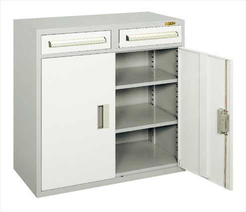●外寸：W900×D450×H880mm●カラー：グレー●質量：43kg●引出しには鍵は付いていません。●扉内寸法：W805×D425×H660mm●セット内容（付属品）：棚板：2枚付（30mm調整可能）KU-3BGY