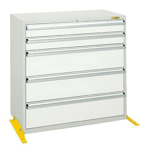 ●外寸：W900×D450×H880mm●カラー：グレー●質量：114kg●引出し：H100×2段、H200×3段●ボールスライドレール採用●オールロック機構●ラッチ機構●セット内容（付属品）：転倒防止補助脚付（アンカー用穴：14φ）
