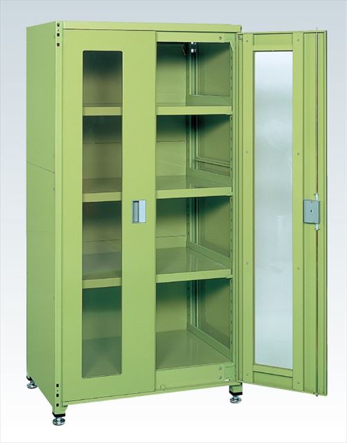 ●外寸：W950×D635×H1860mm●カラー：サカエグリーン●質量：94kg●棚板及びスライド棚の上下位置変更が50mmピッチで可能です。●セット内容（付属品）：背パネル付●セット内容（付属品）：側板付●セット内容（付属品）：透明塩ビ扉付
